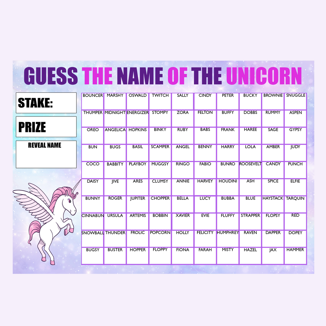 Fundraising Scratch Card Guess The Name Of The UNICORN A4 – Perfect Message